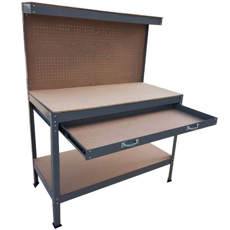 Établi en métal avec deux étagères, tiroir et panneau